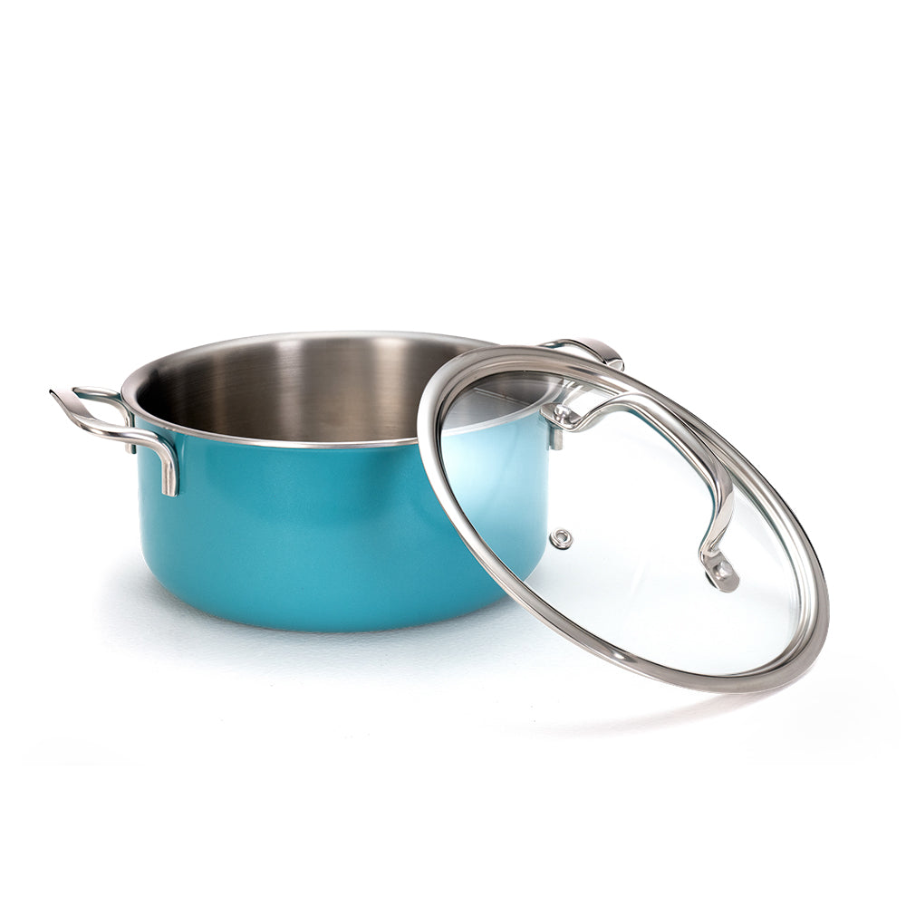 Arttd'inox Triply 20cm Teal Pot - Non-Stick with Glass Lid